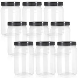 fasmov 9 pack 32 oz plastic jars with black lids, wide mouth clear empty plastic storage containers for crafts, dry food, peanut butter, honey and jam storage