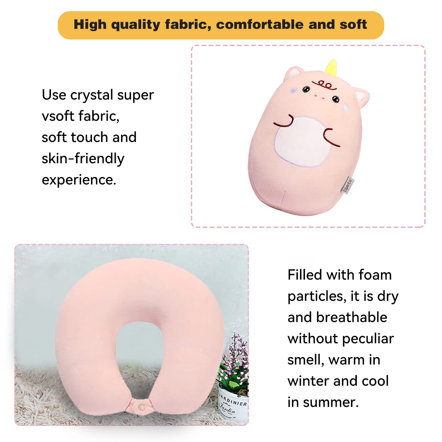 stocaggio Kids Travel Pillow - 2-in-1 Deformable Kids Neck Pillow for Traveling, Soft U-Shaped Pillow with Adorable Animal Design, Comfy Sleep and Play, Ideal for Airplanes and Cars - Pink Unicorn