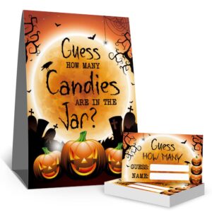 halloween guess how many candies baby shower party game cards, funny pumpkin orange party raffle ticket, gag activities party decorations game cards kit (1 standing sign + 50 guessing cards)