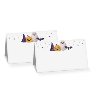 halloween table place card, 25 pcs tent style cards set with pumpkin and ghost, editable name cards for table seating, scored for easy folding, food lables for halloween party (01)