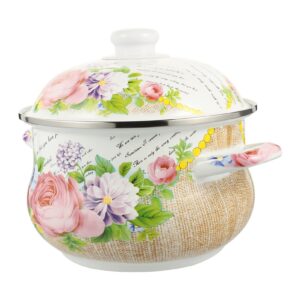 hemoton kitchen enamel stockpot with lid flower stew cooking pot vintage decorative soup pot with dural handle for stove top