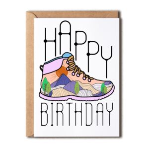 oysterspearl happy birthday card - happy birthday card with hiking boot and mountains for outdoor enthusiast - gift for outdoor lover - climbing card