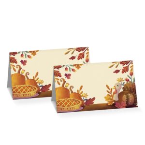 fall thanksgiving table place card, 25 pcs tent style cards set with pumpkin and maple leaf, editable name cards for table seating, scored for easy folding, food lables for autumn party (05)