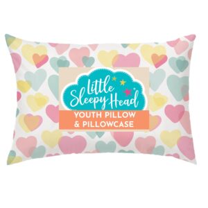 little sleepy head youth pillow with pillowcase 16x22, soft jumbo toddler pillow, kids pillow & hypoallergenic pillow case - best kids pillows for sleeping, perfect kids travel pillow (hearts)