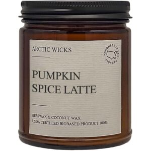 pumpkin spice latte candles | arctic wicks coconut & beeswax candles | 9oz amber scented candle for holidays, pumpkin spice candle decor fall autumn, gifts | clean burning usda 100% certified biobased