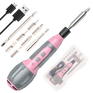 workpro electric cordless screwdriver set - 4v usb rechargeable lithium-ion battery screwdriver kit with led light - small screwdriver with 7pcs bits for home, office, apartment - pink ribbon