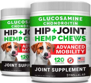 large breed hemp + glucosamine dog joint supplement - hemp chews for dogs hip joint pain relief - omega 3, chondroitin, msm - advanced mobility hemp oil treats for large dogs - made in usa - 240 ct