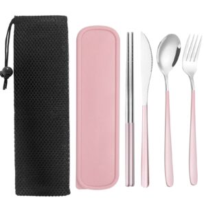 portable travel utensils set with case, pink reusable silverware set, twutgayw 18/8 stainless steel knife forks spoons chopsticks reusable travel camping cutlery for lunch box office picnic daily use