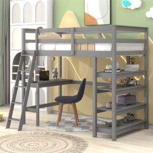 bellemave twin loft bed with desk & shelves for teens adults, wood high loft bed frame with bookcase & angle ladder for kids boys girls, full-length guardrail, twin size, gray