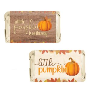 rustic fall little pumpkin baby shower mini chocolate candy bar wrappers, fall baby shower party favor stickers - 45 count