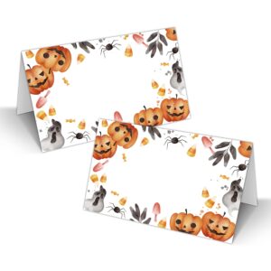 halloween table place cards, blank seating place card for table, 25 pack buffet food tent labels, double design name cards, scored for easy folding, halloween/thanksgiving party decorations(04)