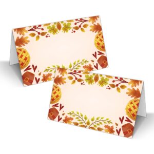 fall thanksgiving table place cards, orange pumpkin blank seating place card for table, 25 pack buffet food tent labels, double design name cards, thanksgiving day party decorations(03)