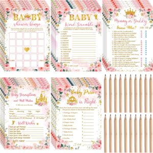 fumete 125 pcs princess baby shower games for girls 5 games cards with 20 pencils baby shower activities include guess who, baby descriptions and well wishes, baby price, bingo game