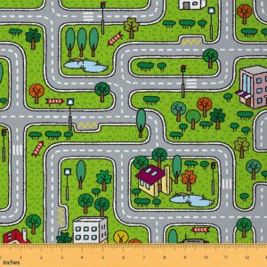 feelyou cartoon car road fabric by the yard, kids cars vehicles race track upholstery fabric for chairs sofa couch, street roadway activity outdoor fabric waterproof, 1 yard, gray green