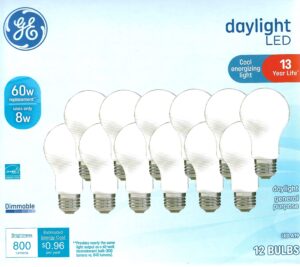 ge daylight led light bulbs, 8 watt (60 watt equivalent) cool energizing light, standard bulb shape, medium base, dimmable (12 pack)