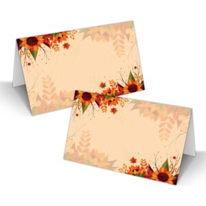 fall thanksgiving table place cards, orange pumpkin blank seating place card for table, 25 pack buffet food tent labels, double design name cards, thanksgiving day party decorations(06)