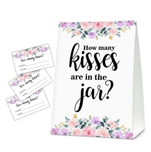 how many kisses are in the jar bridal shower games, blush pink floral for the soon to be mrs, wedding, engagement party favors/supplies/decorations, 1 standing sign with 50 guessing cards -001kiss