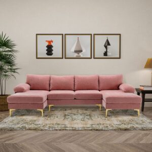 homtique u shaped sectional couch,modern large modular sectional sofa for living room,chenille fabric oversized couch with chaise lounge and golden legs (pink)