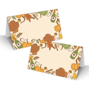 fall thanksgiving table place cards, orange pumpkin blank seating place card for table, 25 pack buffet food tent labels, double design name cards, thanksgiving day party decorations(05)