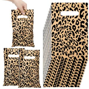 50 pieces print treat bags plastic bag with die cut handle candy bags animal party bags plastic merchandise goodies bags shopping bags gift bags wild life birthday party supplies(leopard)