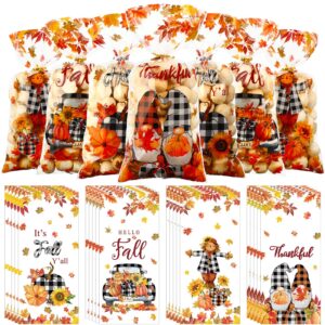 200 pieces thanksgiving treat bags fall cellophane favor bags autumn plaid treat bags maple leaves pumpkin fall candy bags with twist ties for thanksgiving fall autumn party supplies