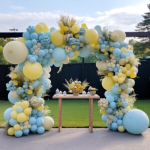 pastel blue yellow balloon garland double stuffed white sand light yellow matte balloons macaron baby blue balloon arch kit for baby shower bear birthday bridal party decoration