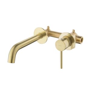 kibi circular single handle wall mount faucet for bathroom sink with rough-in valve | lavatory faucet with solid brass construction (brushed gold) (kbf1023)