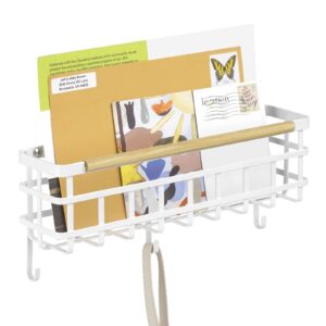 mdesign metal and bamboo wall mount mail and key holder, 5 hooks, hanger rack shelf for entryway, mudroom, kitchen, hold letters, magazines, coats, umbrellas, yami collection, matte white/natural