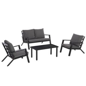 outsunny 4 piece patio furniture set, outdoor conversation set with armchairs, loveseat, coffee table and cushions for backyard, poolside, lawn and garden, black