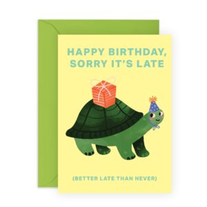 central 23 funny belated birthday cards for her him - 'sorry it's late turtle' - late birthday card for men women - comes with fun sticker - made in the uk - vegan ink