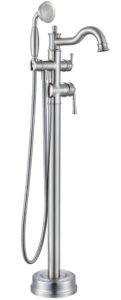 winkear freestanding floor mount tub filler with handheld shower roman bathtub faucet by brushed nickel finish, swivel spout with brass rough-in and water hose