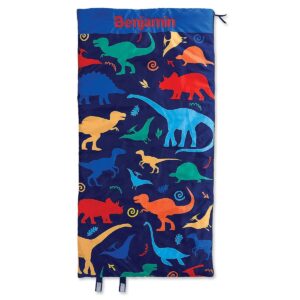 dinosaur kids personalized sleeping bag, 30 x 60 child-size, indoor, lightweight, custom-embroidered name, boy's sleeping bag