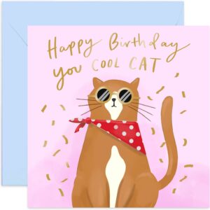 old english co. cool cat birthday card - metallic gold foil funny cute animal greeting card for her and him| birthday wishes for women and men | blank inside & envelope included