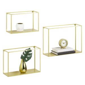 mdesign floating wall mounted frames, decorative steel metal geometric rectangle display for photos, plants, nesting cube shadow shelf box for living room, bedroom, bathroom, set of 3, soft brass