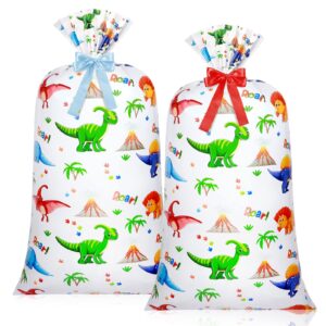 teling 2 pcs 70 x 40 extra large jumbo gift bag for giant gifts, extra big plastic present bag for huge gifts wrapping bags with 2 rolls ribbons for birthday party(dinosaur style)