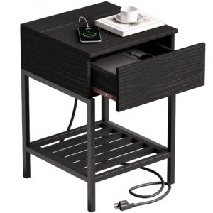 choochoo nightstand with charging station and usb ports, rustic side end table with drawer and metal shelf, bedside table for small spaces, bedroom, black