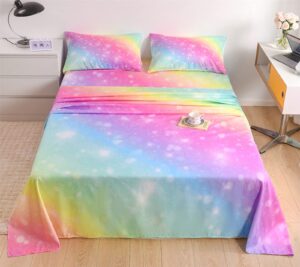 urlinens rainbow sheets twin size 3 piece, tie dye pastel girls sheet set for kids teens, glitter fun girly bed sheets soft microfiber rainbow bedding set 1 fitted sheet 1 flat sheet 1 pillowcase