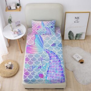 musolei mermaid tail fitted sheet twin 3d fantasy bedding set for girls kids and teens 2pcs 1 deep pocket fitted sheet mermaid sheets with 1 pillowcases microfiber (01, twin)