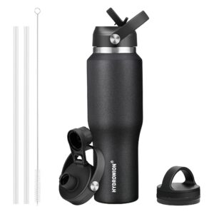 hydrowion 32oz stainless steel water bottle(cold for 48 hrs, hot for 24 hrs),double wall vacuum insulated water bottle with straw lid, spout lid and flex cap, fit in any car cup holder,black