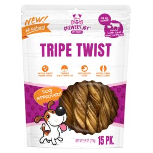 chewer's joy tripe twist 15pk 6-7in, premium quality, high in protein for strong muscles and bones, minerals like iron & zinc naturally present to help boost immune system. long lasting chew