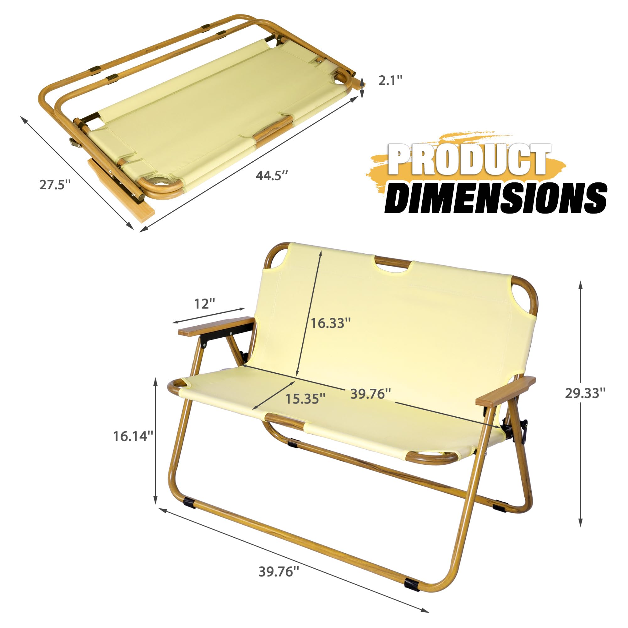 Fadidio Patio Loveseat 2-Person 45" Outdoor Loveseats Folding Camping Bench Double Chair Foldable Lounge Furniture Chair with Wooden Armrest Portable for Garden,Patio,Terrace,Fishing,Picnic,Park,