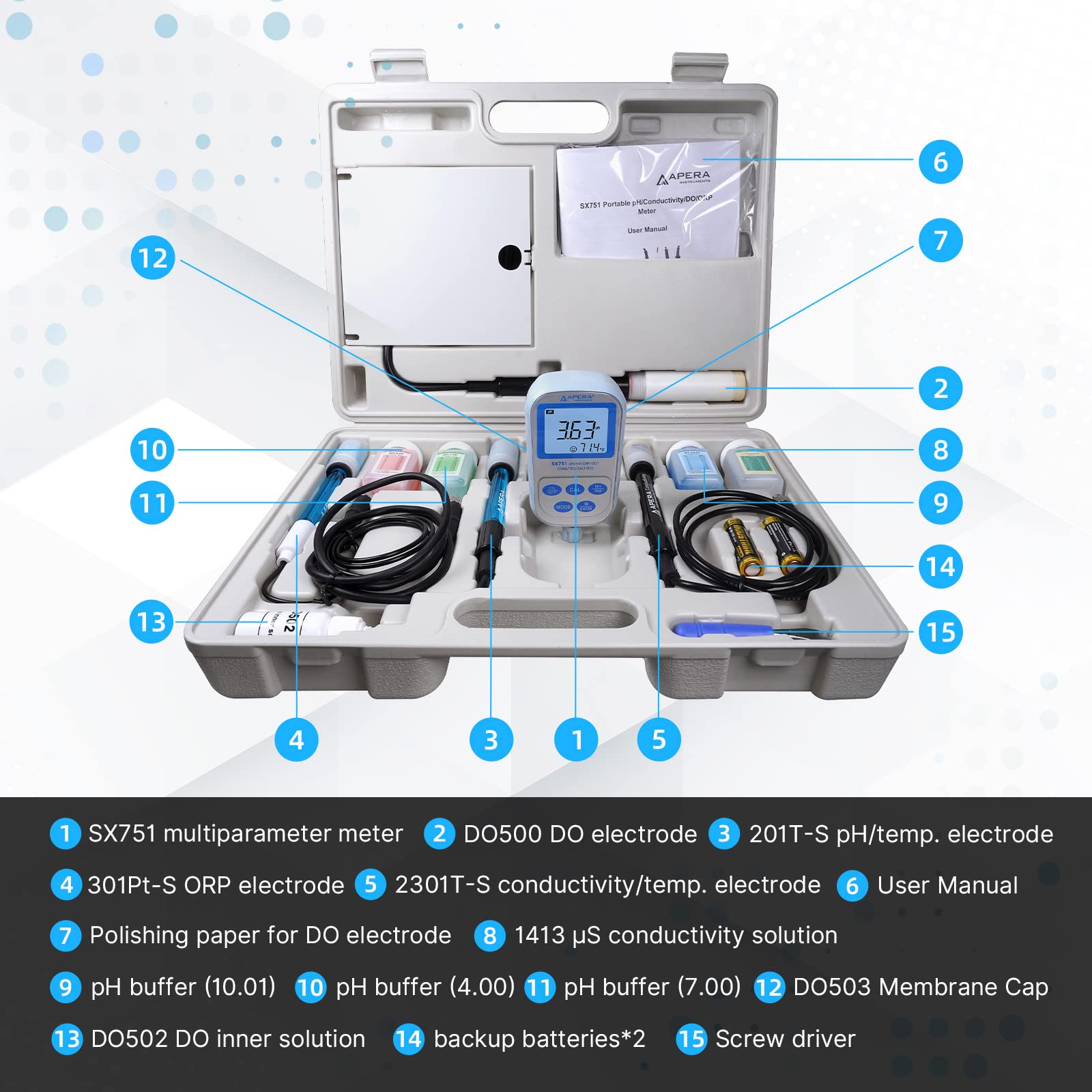 Apera Instruments SX751 pH/ORP/DO/Conductivity/TDS/Salinity/Resistivity/Portable Handheld Multiparameter Meter Kit, Silver