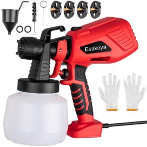 esakoya paint sprayer, 700w hvlp spray gun with 1200ml container, 4 nozzles and 3 patterns, easy to clean, for furniture, cabinets, fence, walls, door, garden chairs etc