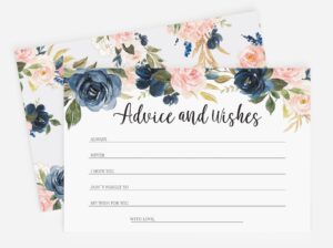 set of 50 advice and wishes cards,double sided navy pink floral cards, for bride and groom, baby shower, bridal shower, wedding shower, couples shower, graduation party, anniversary, retirement party