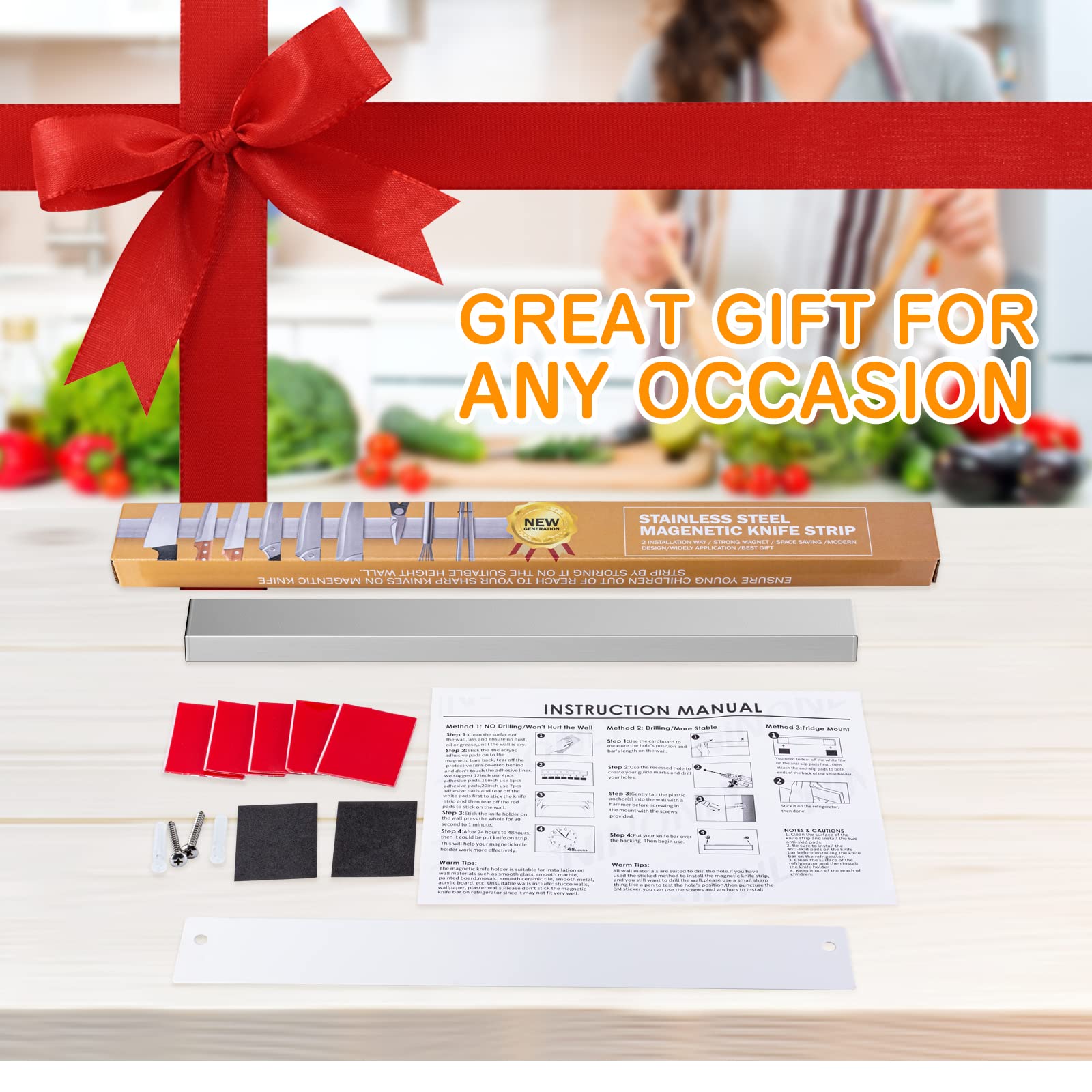 Ninonly 10 Inch Magnetic Knife Holder for Refrigerator, Stainless Steel Double Sided Magnet Knife Strip for Wall, No Drilling Magnetic Knife Rack with Powerful Magnetic Pull Force Fridge Applicable