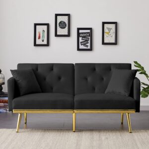 antetek convertible futon sofa bed, 59-inch modern velvet sleeper sofa small loveseat with two pillows, 3 adjustable positions and 6 golden metal legs furniture for living room and bedroom, black