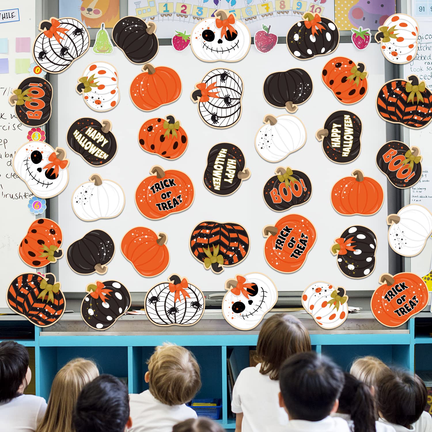 Quera 120Pcs Pumpkin Classroom Bulletin Board Decorations Halloween Cutouts Farmhouse Accents with Glue Point Dots for Halloween Fall Home Decoration Happy Halloween, Boo, Trick Or Treat,Spider