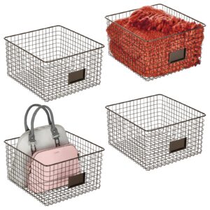 mdesign wide metal farmhouse storage organizer bin baskets with label slot for closet, cabinet, cupboard - wire organizing basket holds clothing, linens, shoes, omaha collection, 4 pack, bronze