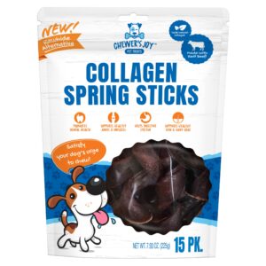 chewer's joy collagen spring sticks 15pk 5-6" for dogs. up to 100% collagen promotes healthy joints, bones, skin, digestion, & shiny coat. bully stick & rawhide alternative. long lasting.