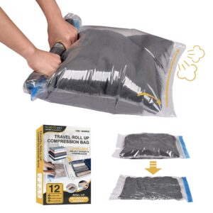 12 hand roll up compression travel bags-space saver bags for luggage and cruises (5 large, 5 medium, 2 small), no vacuum needed